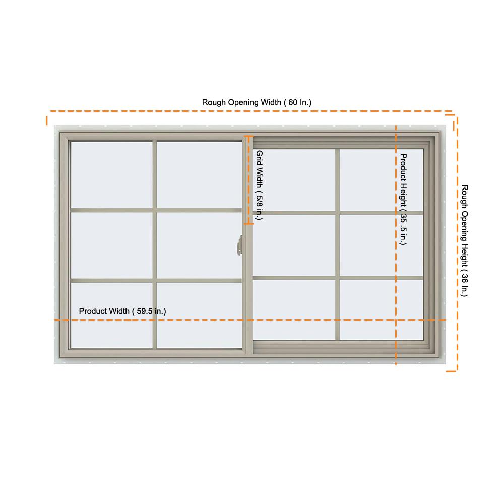 60x36 59.5x35.5 Bronze Vinyl Sliding Window With Colonial Grids Grille ...