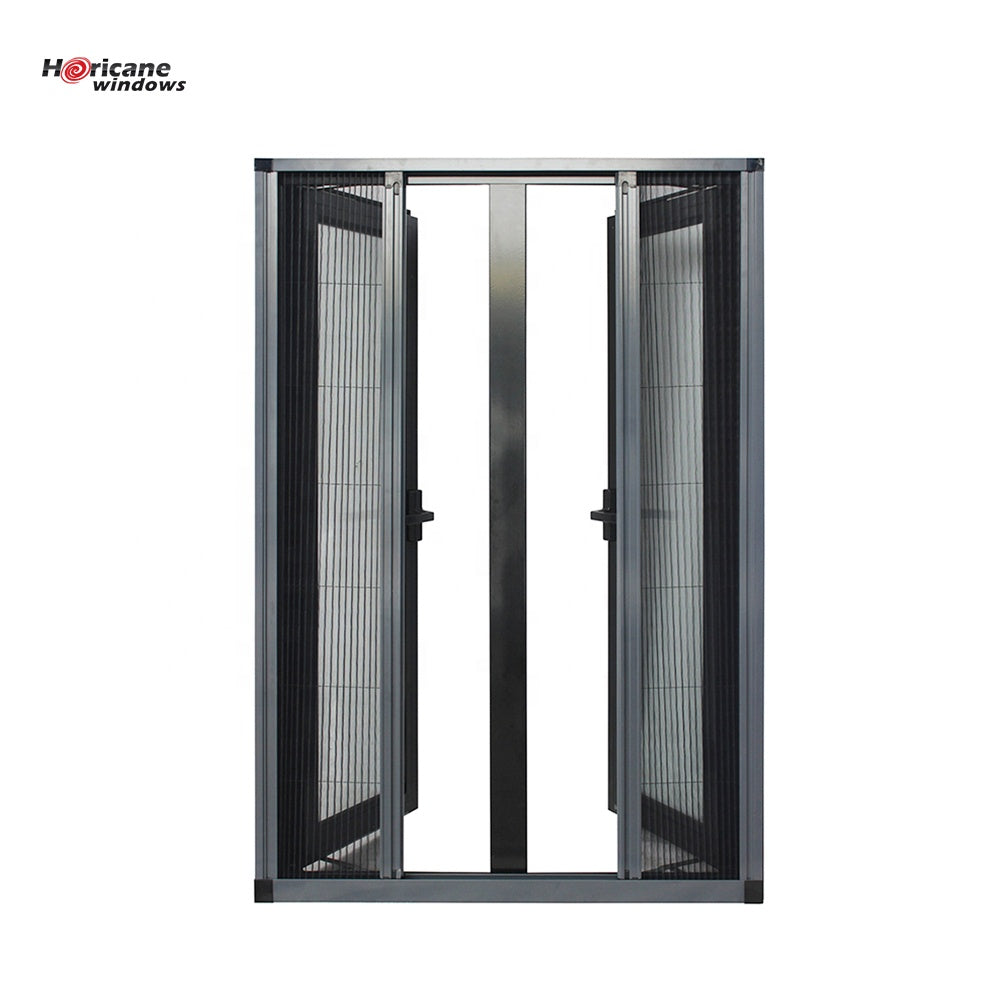 Black Aluminum double hinged triple casement window with folding scree ...
