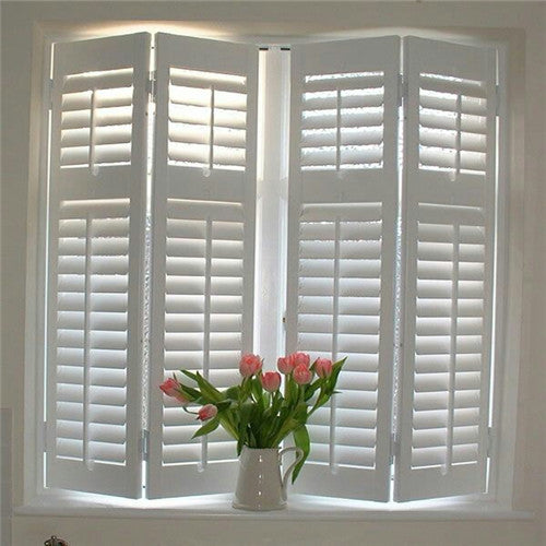 White wooden push rod bi fold plantation shutter doors interior on Chi ...